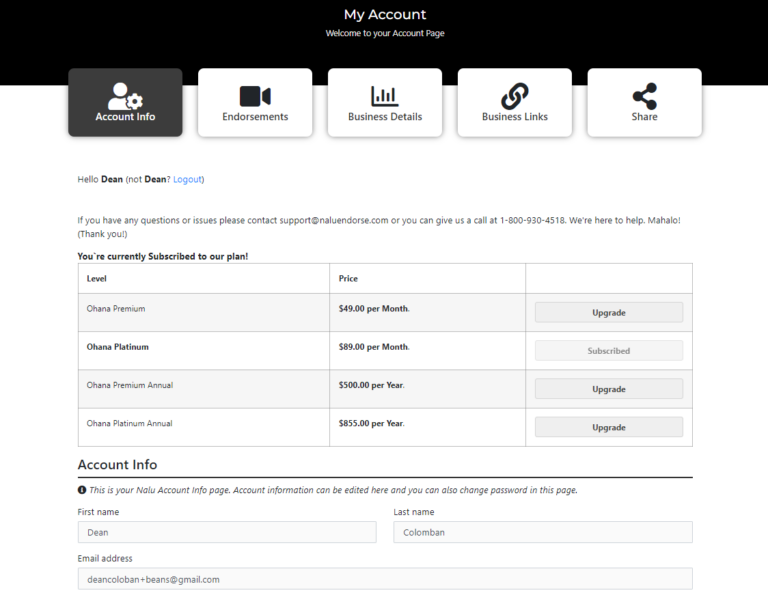 How to change Account info? - Nalu Endorse